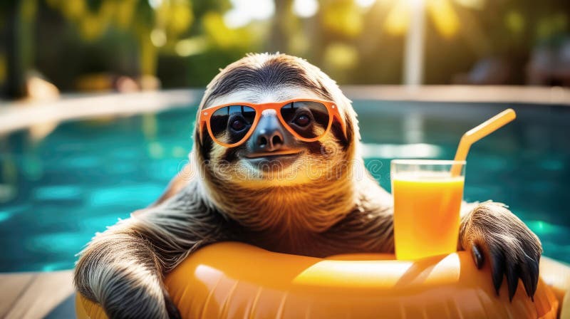 Satisfied Sloth in Sunglasses and with a Cocktail in the Pool Floating ...
