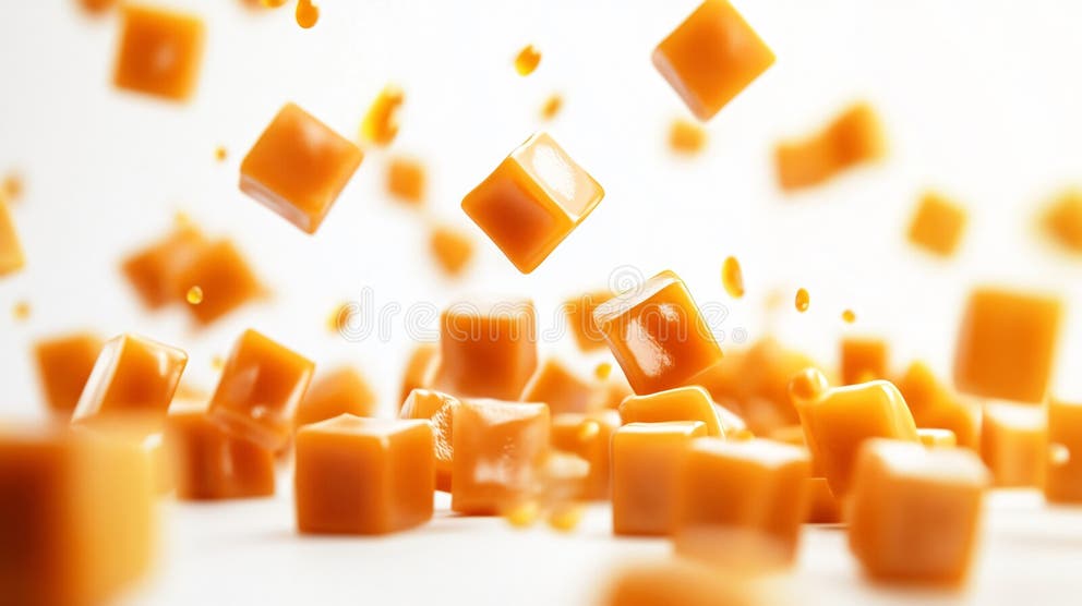 Satisfying Falling Caramel Cubes on White Background Stock Image ...