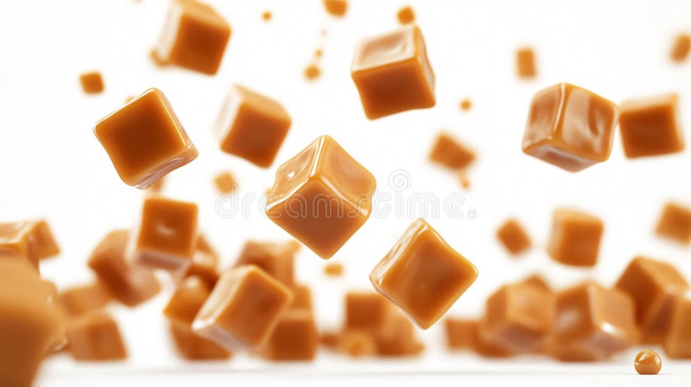 Satisfying Falling Caramel Cubes on White Background Stock Image ...