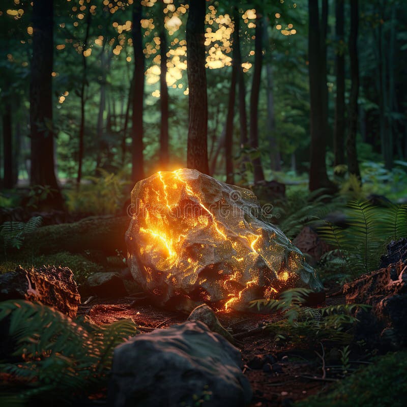 Satisfying Magic Rock Glowing in a Mystical Forest at Twilight Stock ...