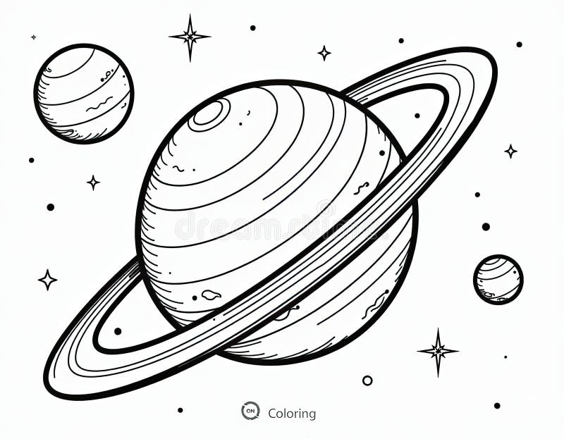 Saturn Coloring Page Line Art of Planet with Rings and Moons Stock ...