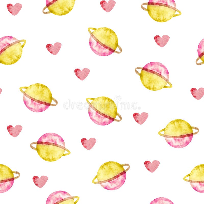 Saturn and Heart Watercolor Seamless Pattern Stock Photo - Image of ...
