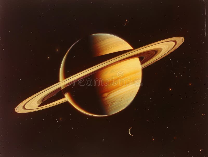 Saturn with Its Iconic Rings and a Visible Moon, Set Against a Backdrop ...