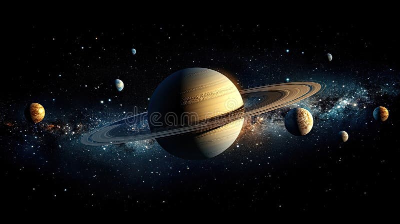 Saturn and Its Moons Against the Backdrop of a Galaxy with Stars. Space ...