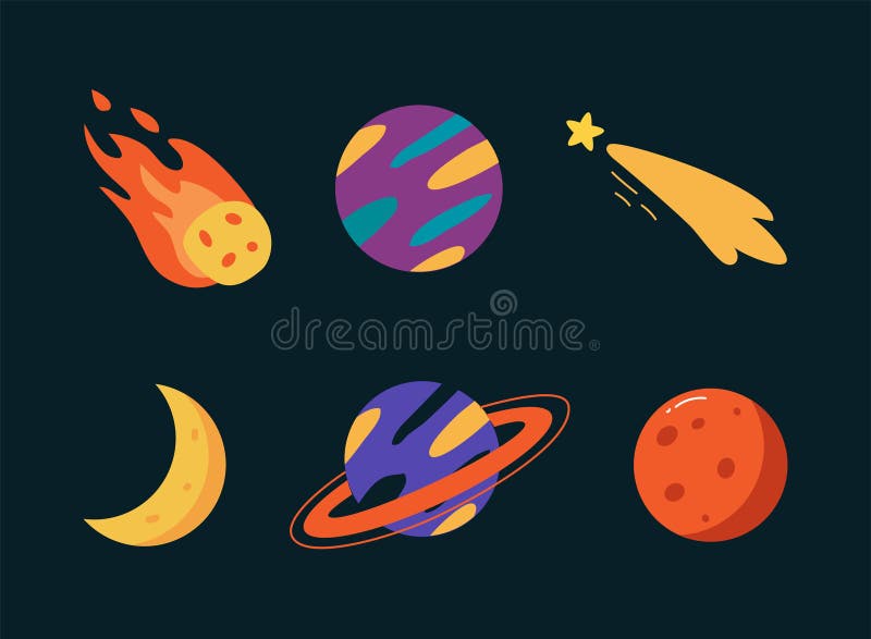 Saturn Planet, Moon and Asteroid As Space Adventure and Exploring Galaxy Vector Illustration Set ...