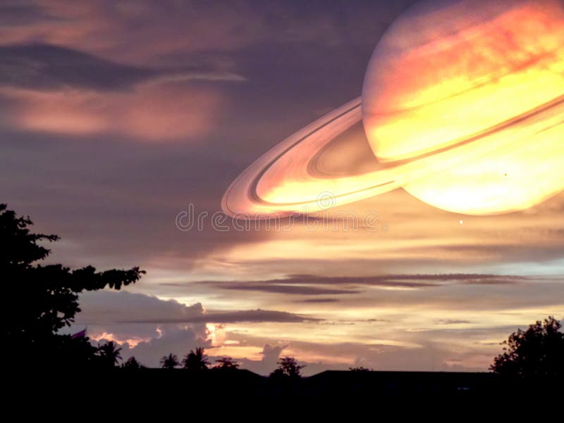 Saturn on Sunset Sky Back Over Sea and Fishing Boat Stock Photo - Image ...