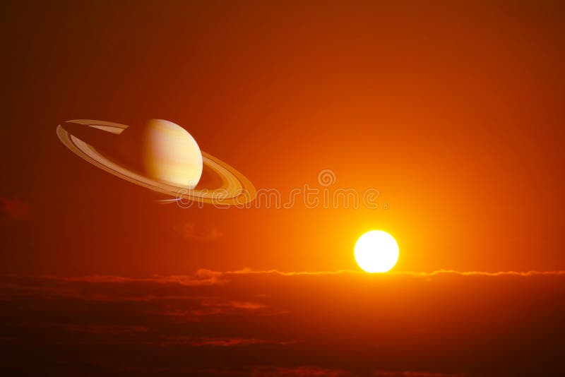 Saturn and the Sun View on Planet Sunset on Skyline Stock Photo - Image ...
