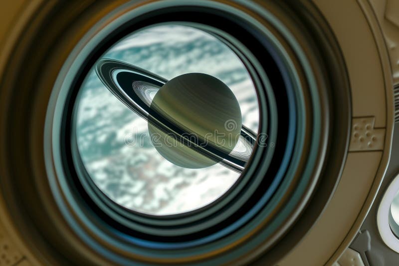 Saturn Visible through a Window from a Mock Spaceship Interior Stock ...