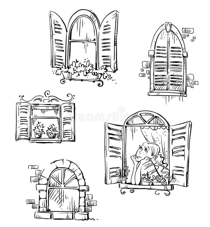 Satz Hand Gezeichnete Fenster, Vektorillustration Vektor Abbildung ...