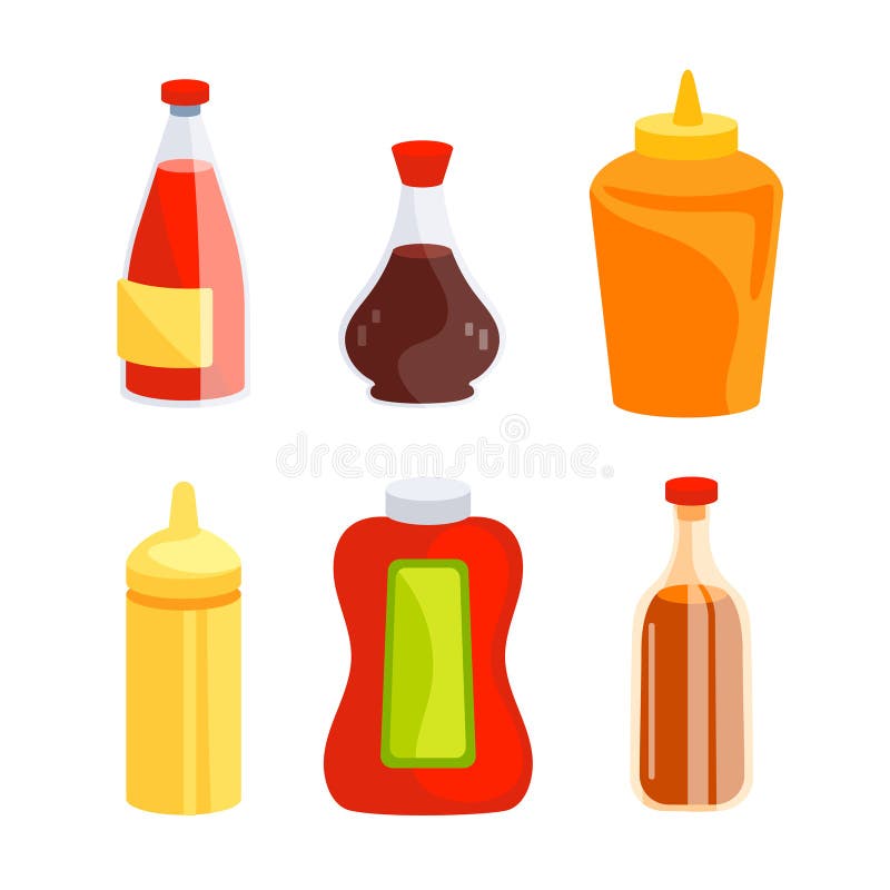 Sauce Bottles Set. Collection of Condiments Including Ketchup, Mustard ...