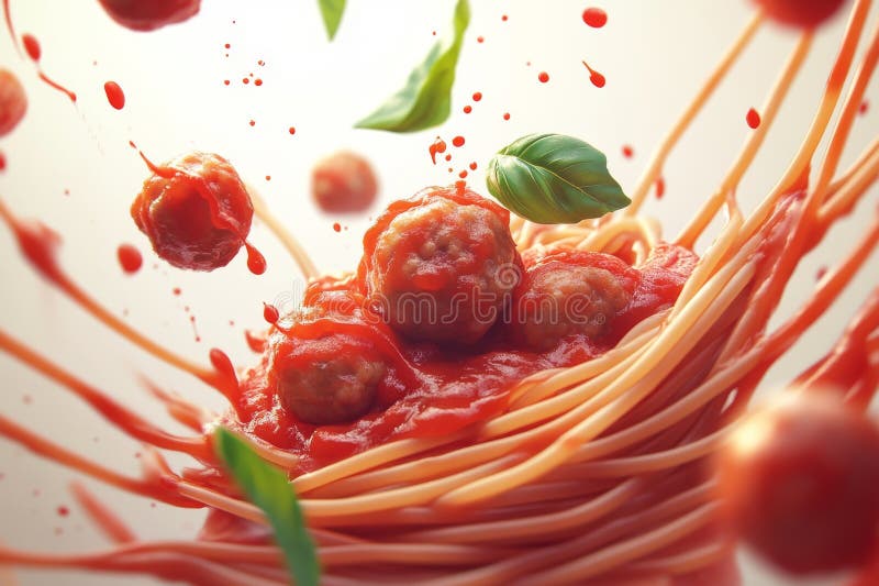 Sauce and Meatballs Splatter Over Spaghetti. Stock Photo - Image of ...