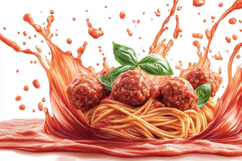 Sauce and Meatballs Splattered Over a Pile of Spaghetti. Stock Photo ...