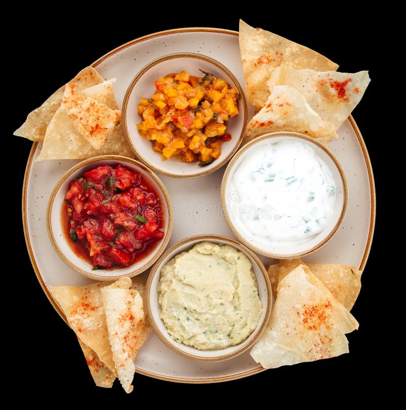 Sauce Toppings and Chips Isolated on Black Stock Image - Image of food ...