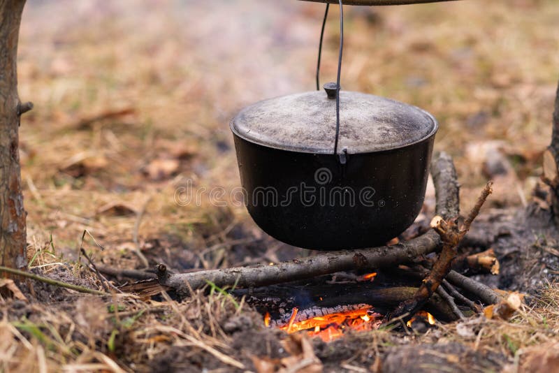Saucepan with Cooking Soup on a Fire Made of Branches Stock Photo ...