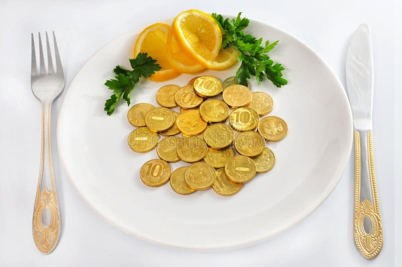 Money Coins on White Plate with Fork and Knife, is Stock Image - Image ...