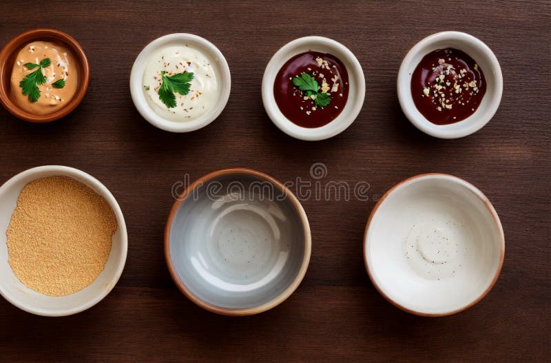 Sauces in Plates. Top View of Small Plates with Various Sauces on Table ...