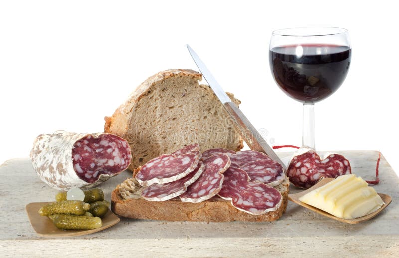 Saucisson, pain et beurre photo stock. Image du porc - 97592782