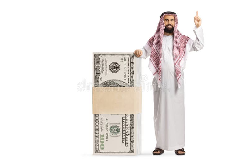 Saudi Arab Man Leaning on a Stack of Money and Pointing Up Stock Image ...