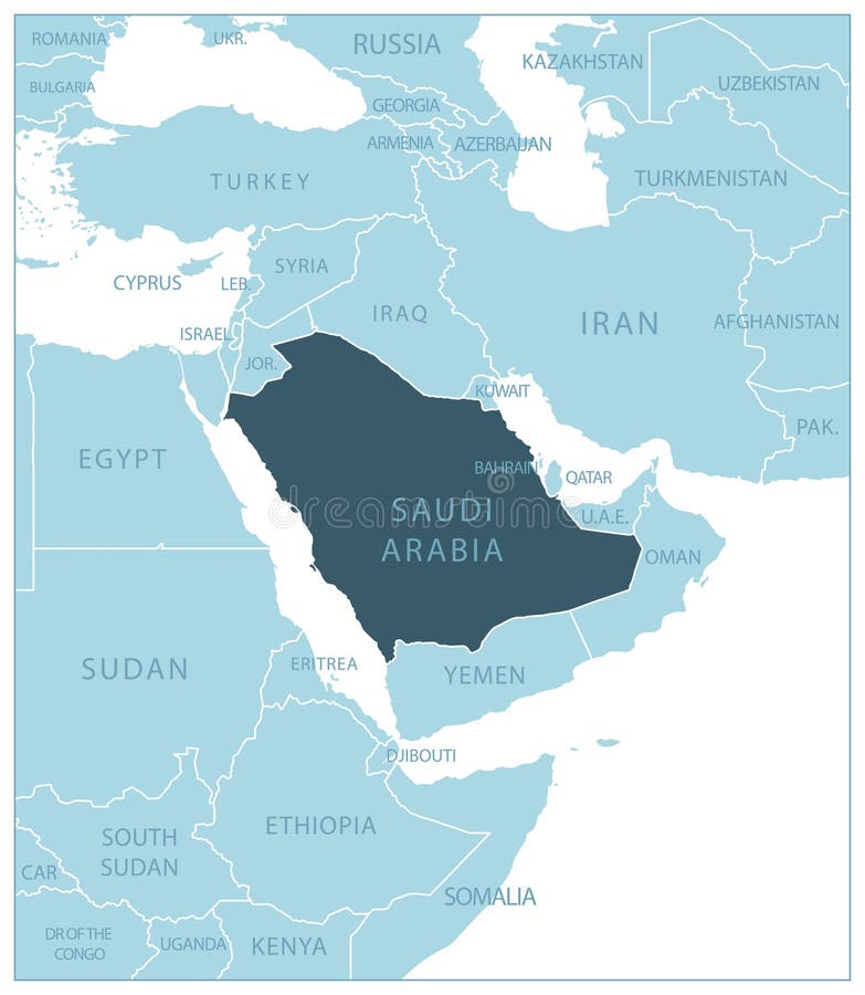 Saudi Arabia - Blue Map with Neighboring Countries and Names Stock ...