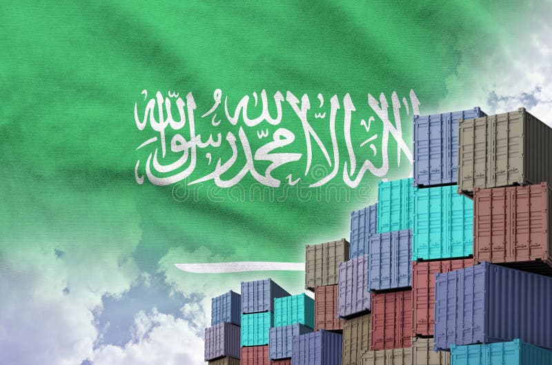 Saudi Arabia Flag and Big Stack of Shipping Cargo Containers in Docks ...