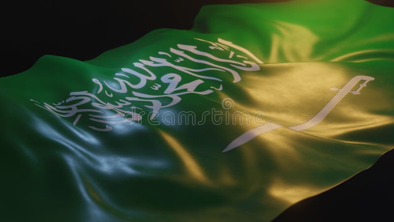 Saudi Arabia Flag Close Up with Warm Lighting on Black Background 3d ...