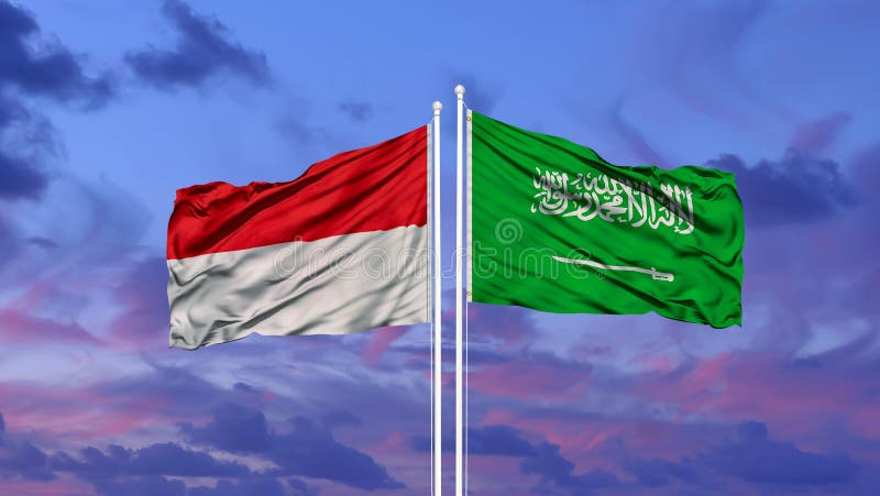 Saudi Arabia and Indonesia Two Flags on Flagpoles and Blue Cloudy Sky ...