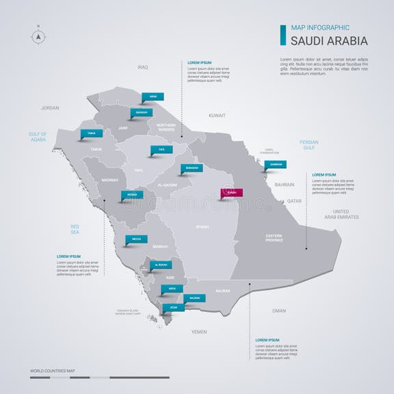 Saudi Arabia Vector Map with Infographic Elements, Pointer Marks Stock ...