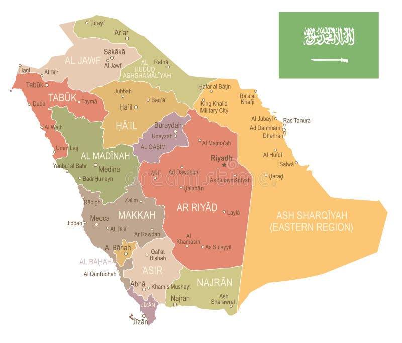 Saudi Arabia - Vintage Map and Flag - Illustration Stock Illustration ...
