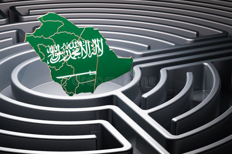 Saudi Arabian Map Inside Labyrinth, 3D Rendering Stock Illustration ...