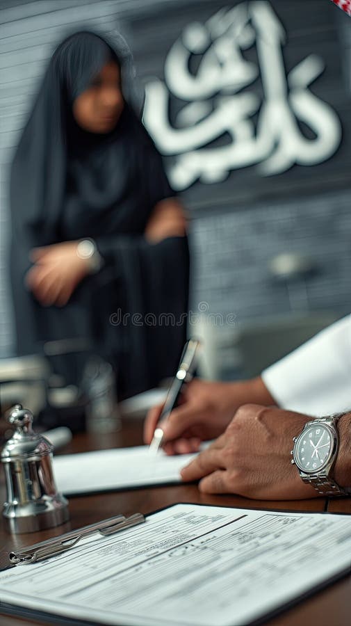 Saudi Man and Arab Woman Engage with Documents on the Desk while ...