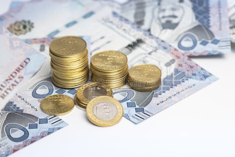 Saudi Riyal Coins with Saudi Notes on White Background. Stock Image ...