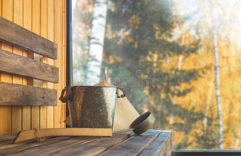 Sauna Accessories in the Steam Room, Wooden Sauna Interior Stock Image ...