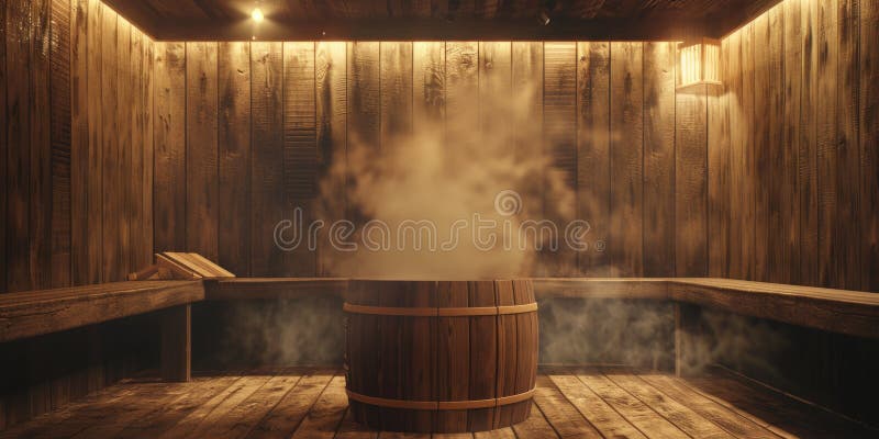 Sauna Interior with Steam Rising from the Wood Stock Image - Image of ...