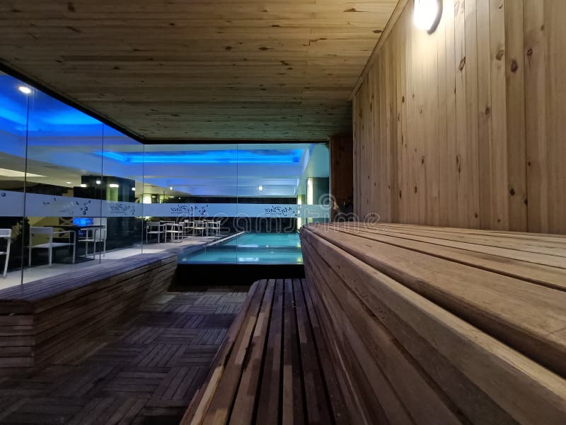 Sauna with pool at spa stock photo. Image of screenshot - 281519460