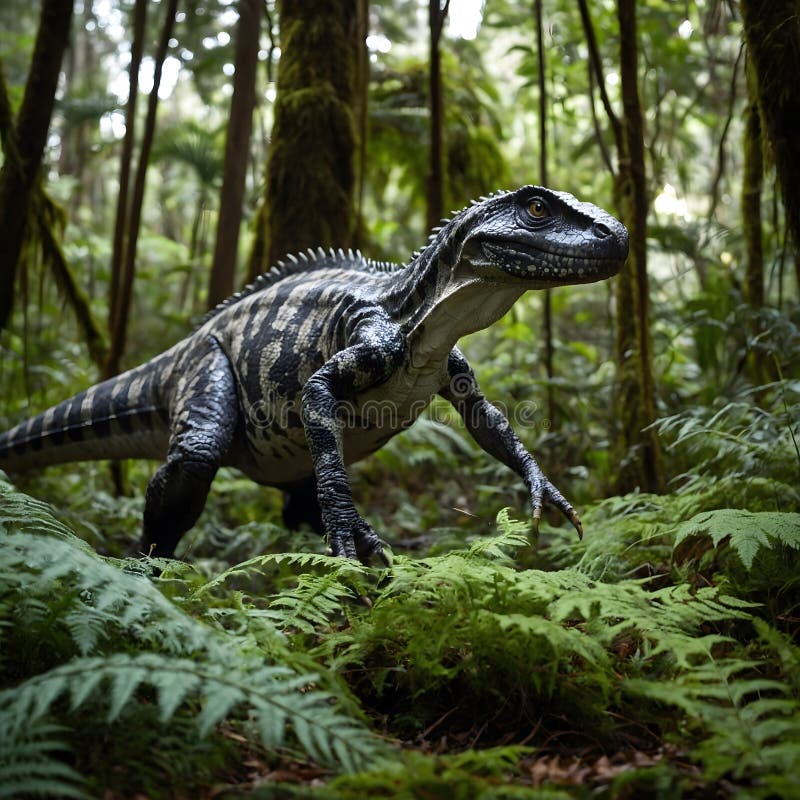Sauria Exploring Forest Floor among Dense Ferns Stock Photo - Image of ...