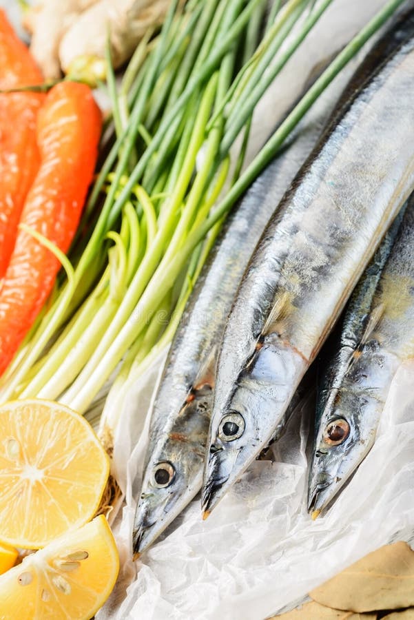 Saury fish and vegetable stock image. Image of blue, autumn - 58802087