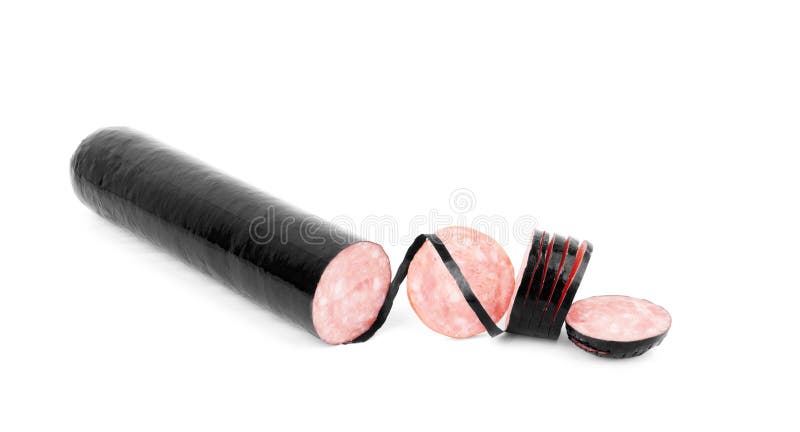 Sausage in a Black Wrapper on a White Background Stock Photo - Image of ...