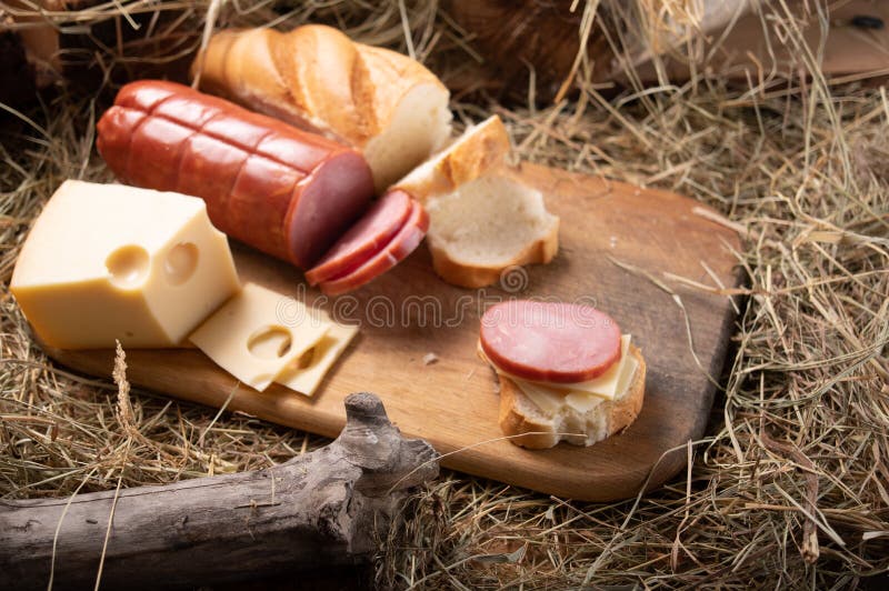 Sausage and Cheese Sandwich. Snack in the Barn Stock Image - Image of ...