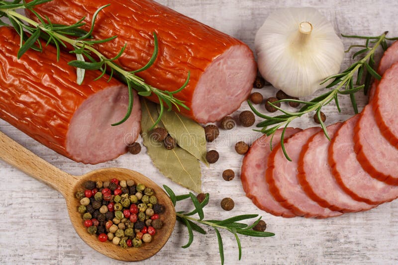 Sausage, Cold Cuts, and a Composition with Spices Stock Photo - Image ...