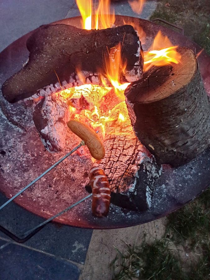 Sausage Cooking Over the Fire, Firepit, Fireplace Stock Image - Image ...