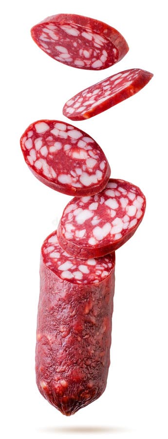 Sausage Cut into Pieces Flies on a White Background Stock Image - Image ...