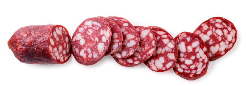 Sausage Cut into Pieces on a White Background. Top View Stock Photo ...