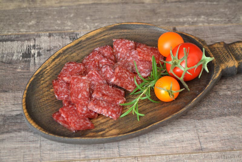 Sausage Fuet. Square Salami with Spices. Top View Stock Photo - Image ...