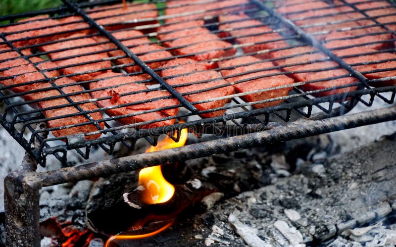 Sausage on Grill with Smoke Backyard Bbq Stock Image - Image of grate ...