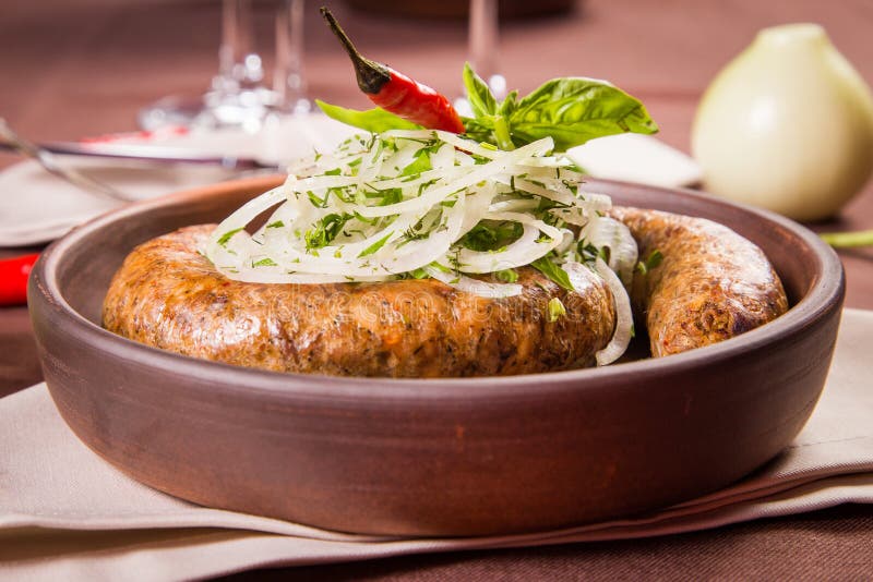 Sausage with Onion and Basil Stock Photo - Image of gourmet, food: 76987206