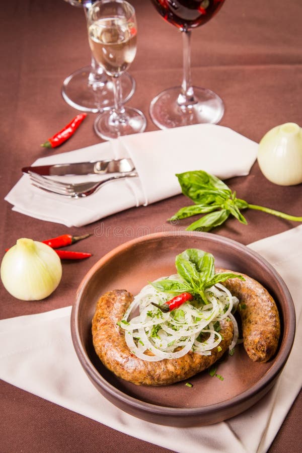 Sausage with Onion and Basil Stock Photo - Image of meaty, fresh: 76987552