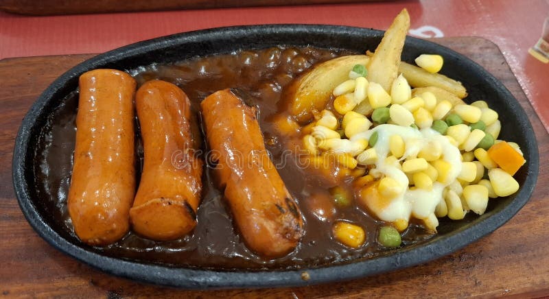 Sausage Package with Barbeque Sauce and Salad Stock Image - Image of ...