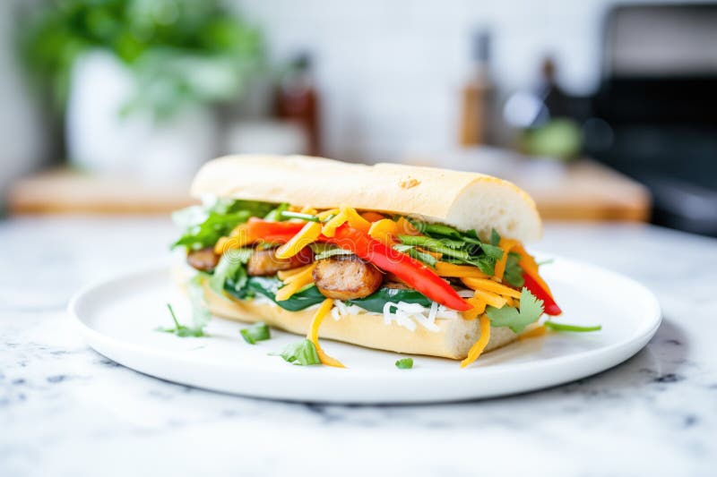 Sausage and Pepper Sub Sandwich on a White Plate Stock Image - Image of ...