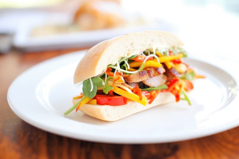 Sausage and Pepper Sub Sandwich on a White Plate Stock Photo - Image of ...