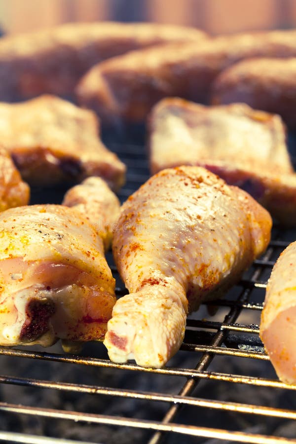 Sausage, Raw Ribs and Chicken with Barbecue Stock Photo - Image of ...